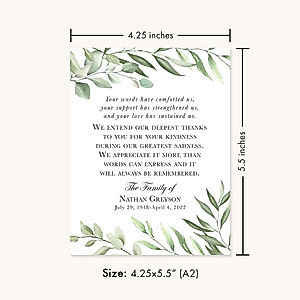 Hello Love Goods Greenery Funeral Thank You Cards, Sympathy Acknowledgement Cards, Bereavement Notes with Envelopes, 4.25x5.5 Flat Notecards
