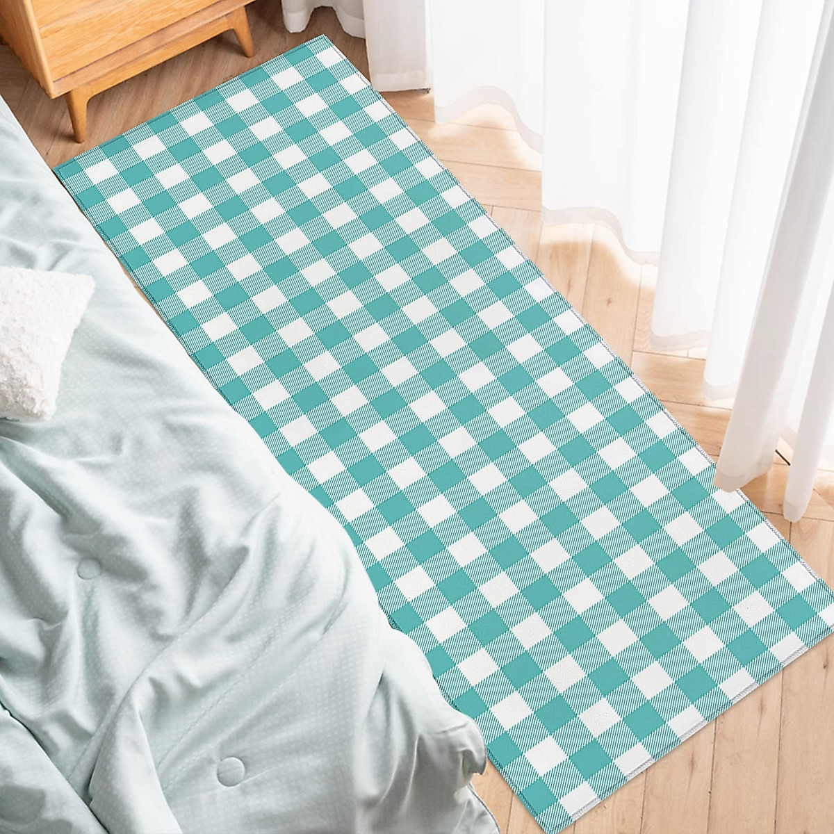 YOKOU Kitchen Rugs, Farmhouse Decoration Teal Green and White Buffalo Check Plaid Non Slip Runner Rug Mat for Floor, Kitchen, Bedside, Sink, Office, Laundry, 18"X47.2"