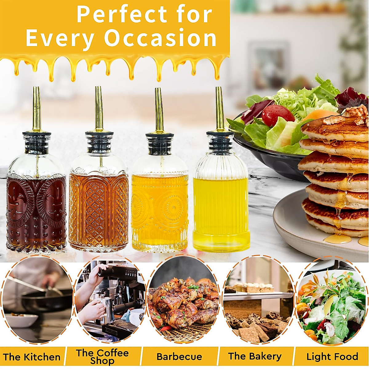 Oudizz 4pcs Syrup Dispenser Bottles for Coffee Bar, 7oz Simple Glass Syrup Bottle Set with Metal Pour Spout Ideal and labels for Syrups