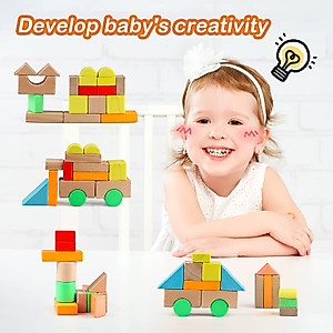 FOPNETS Large Wooden Blocks Construction Building Toys Set Educational Preschool Learning Toys with Carrying Bag Stacking 32 Pieces Toddler Blocks Toys for 3+ Year Old Boy and Girl Gifts