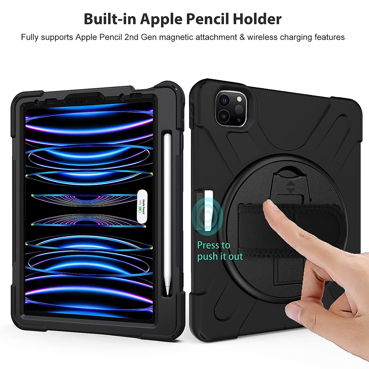 ProCase for iPad Pro 11 Inch Case 2022 2021 2020 2018, Rugged Heavy Duty Shockproof Cover with Hand Strap Shoulder Strap for iPad Pro 11" 4th 3rd 2nd 1st Generation -Black