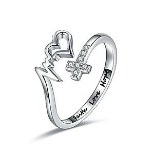 EJALEN S925-Sterling-Silver Faith Hope Love Heart Cross Rings for Women Adjustable Inspirational Faith Over Fear Ring Jewelry Jesus Christmas Gifts for Teens Grils Size 6-8 (white)