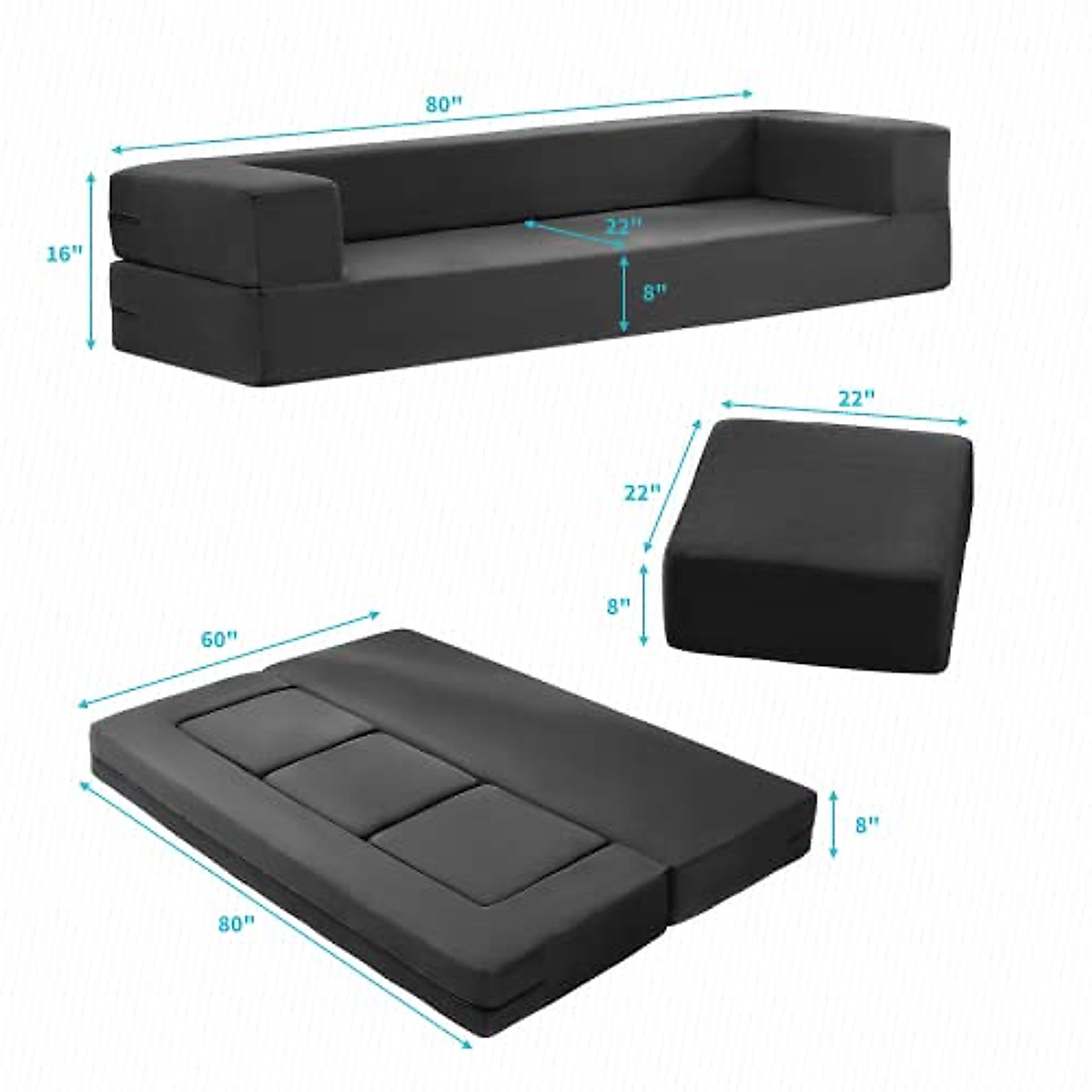 CECER Convertible Futon Sofa Bed with 3 Ottomans, Memory Foam Pull Out Couch, Velvet Fold Out Sleeper Sofa Couch, Foldable Mattress Floor Sofa for Living Room/Bedroom/Office, Dark Grey