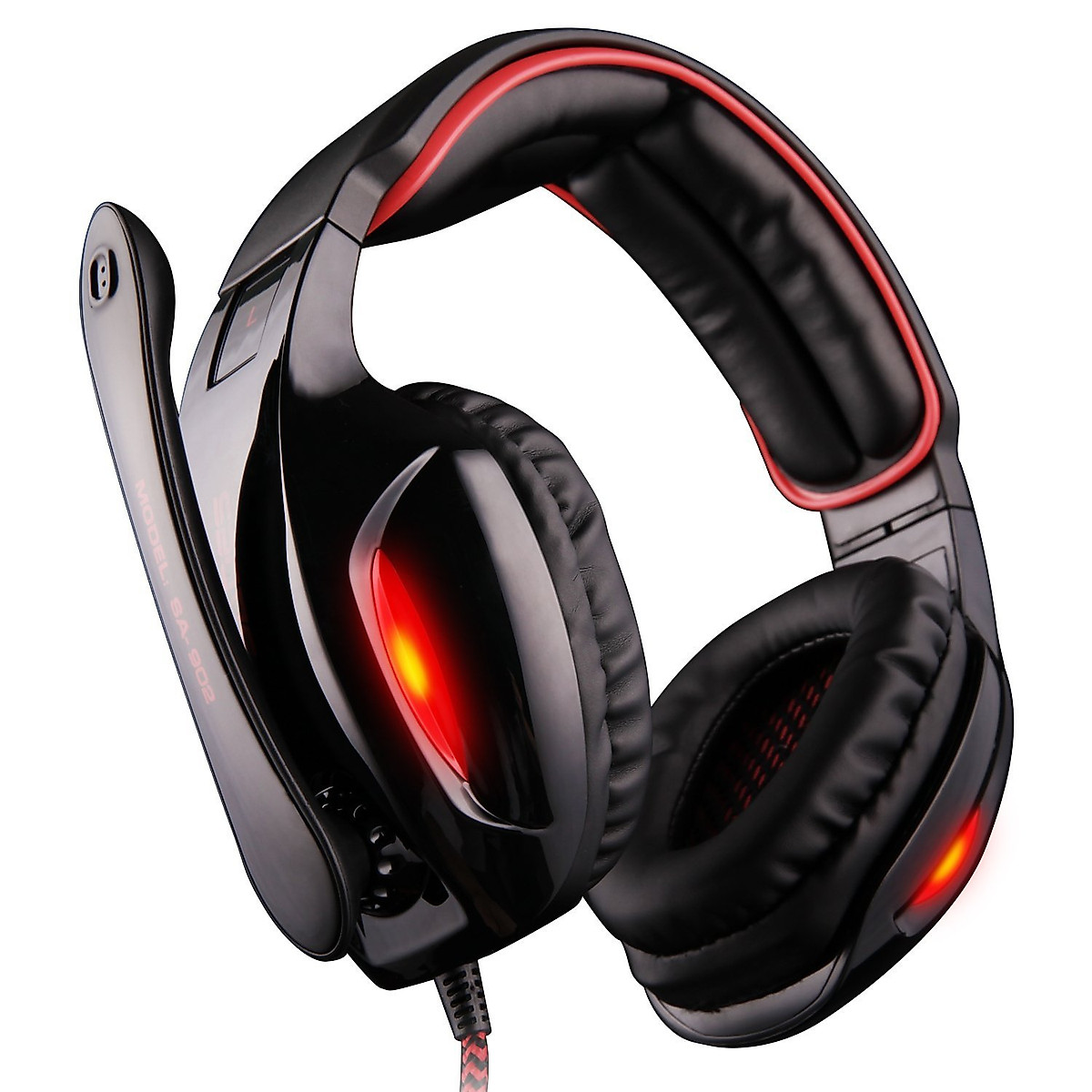 Sades SA902 7.1 Channel Virtual USB Surround Stereo Wired PC Gaming Headset Over Ear Headphones with Mic Revolution Volume Control Noise Canceling LED Light (Black/Red)
