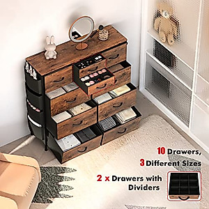 Lulive 10 Drawer Dresser, Chest of Drawers for Bedroom with Side Pockets and Hooks, Fabric Storage Dresser, Sturdy Steel Frame, Wood Top, Organizer Unit for Nursery, Hallway, Closet