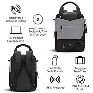 Sherpani Camden, Convertible Backpack Tote, Travel Backpack Purse, Laptop Backpack, Recycled Nylon Backpack, Crossbody Bags for Women Fits 15 Inch Laptop (Stone)