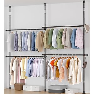 Closet Organizer Clothes Rack, Heavy Duty 4-Tier Adjustable Free Standing Laundry Drying Garment Rack, Floor to Ceiling Clothing Hanger Tension Rod Closet System Wardrobe Storage Matt Black