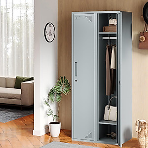 BYNSOE Metal Locker 1 Doors 71" Employees Locker Storage Cabinet Locker School Hospital Gym Locker Requires Assembly (Grey, 1 Door)