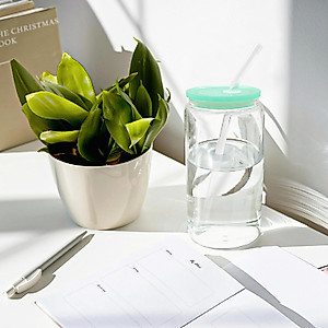 20 Pack Drinking Glass Cups with Acrylic Lids and Glass Straw Beer Can Shaped Drinking Glasses Cups, Glass Tumbler Reusable Cute Cups for Whiskey, Iced Coffee, Tea, Soda, Cocktail, Gift, Clear 16oz