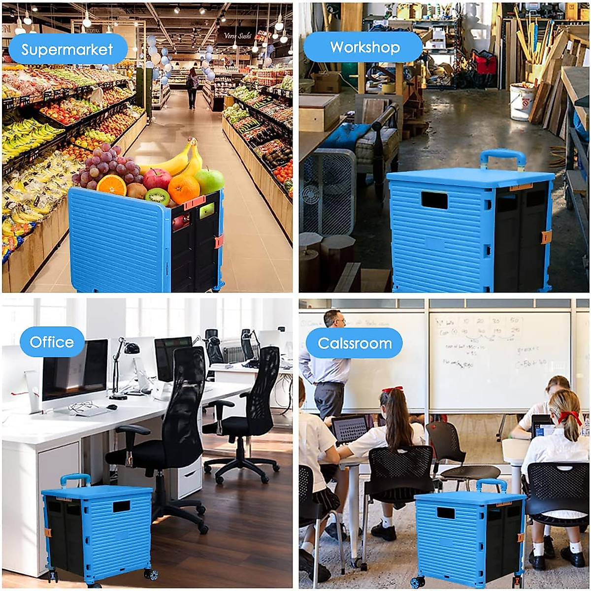 SELORSS Foldable Utility Cart Portable Collapsible Crate Rolling Carts with Wheels Rolling Tote Basket Teacher Cart with Lid Wear-Resistant 360°Rotate Wheel Noiseless for Shopping Storage Office Use