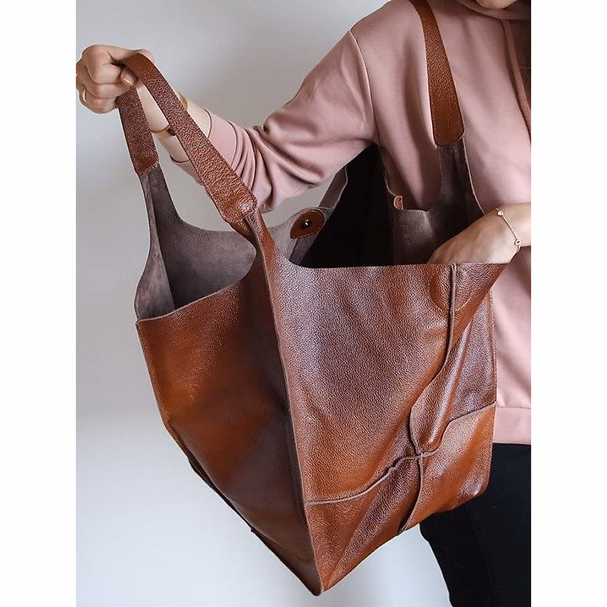 Women Oversize Weekender Handbags - PU Leather Tote Bag - Retro Style Tote Bag - One-Shoulder Handbag Shopping Bag - With Pocket (Yellow)