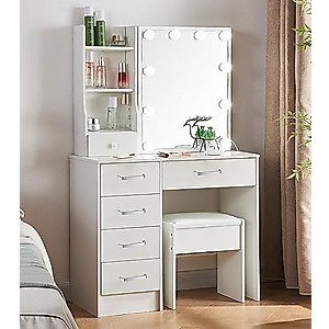 Makeup Vanity Set with Lights & Mirror, Large Vanity Table with Storage Drawers & Stool, Bedroom Dresser Desk Dressing Table for Girls Women (Modern)
