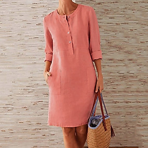 Boho Dress for Women Plus Size Cotton Linen Mini Dress Button Up Solid Party Dress Casual Fitted Long Skirt With Pocket