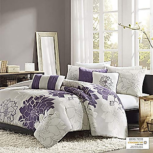 Madison Park Lola 100% Cotton Duvet Set Beautiful Floral Pattern, Ruffle Border Design All Season, Breathable Comforter Cover Bedding, Matching Shams, Full/Queen(90"x90"), Purple/Grey 6 Piece