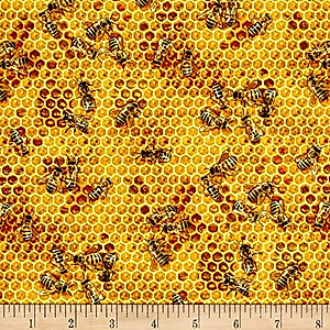Bees and Flowers Honeycomb Honey, Fabric by the Yard