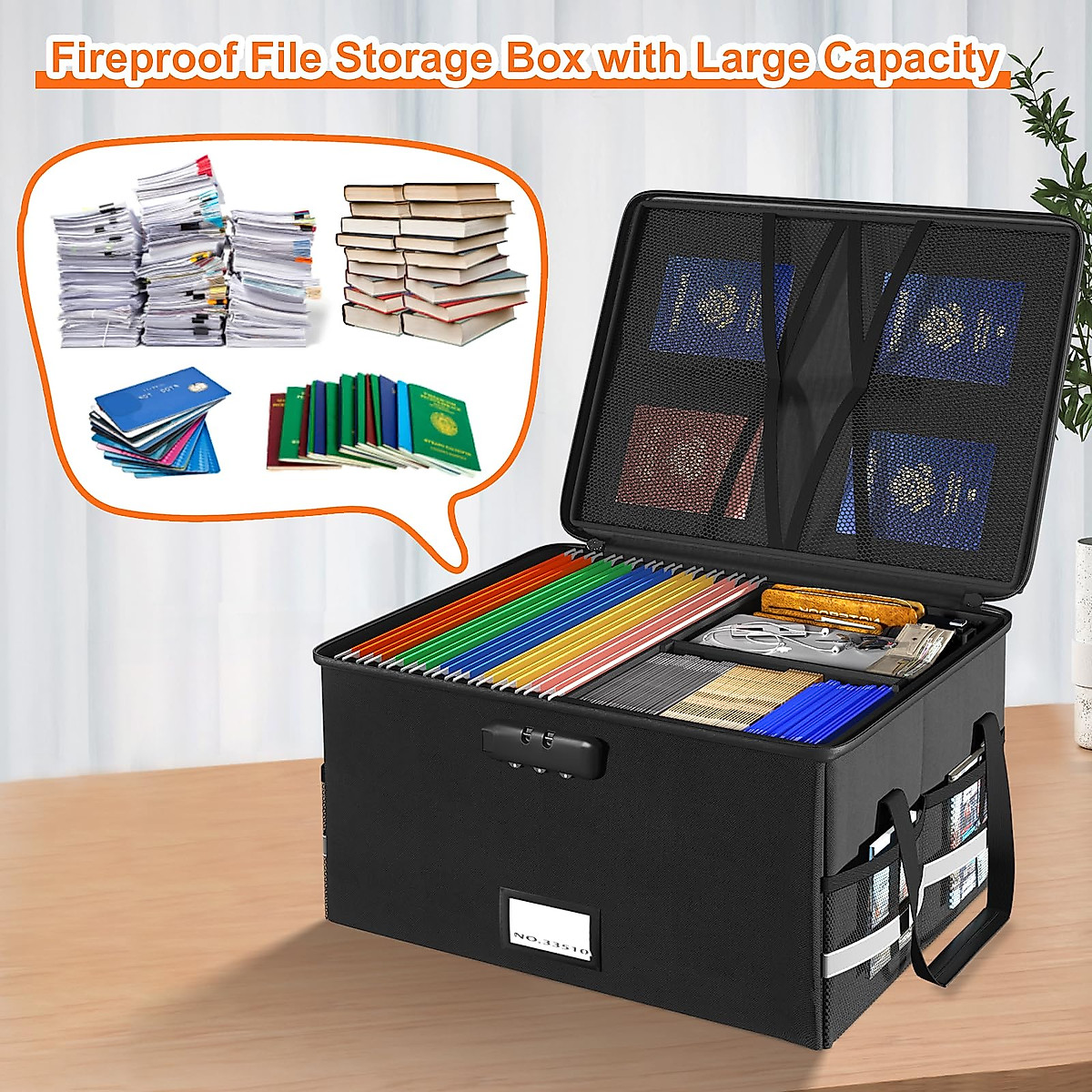 Raybee File Box Fireproof Document Box with Lock Portable File Storage Organizer Box with Mesh Pockets Collapsible Filling Box with Handle Home Office Safe File Cabinet for Hanging Letter