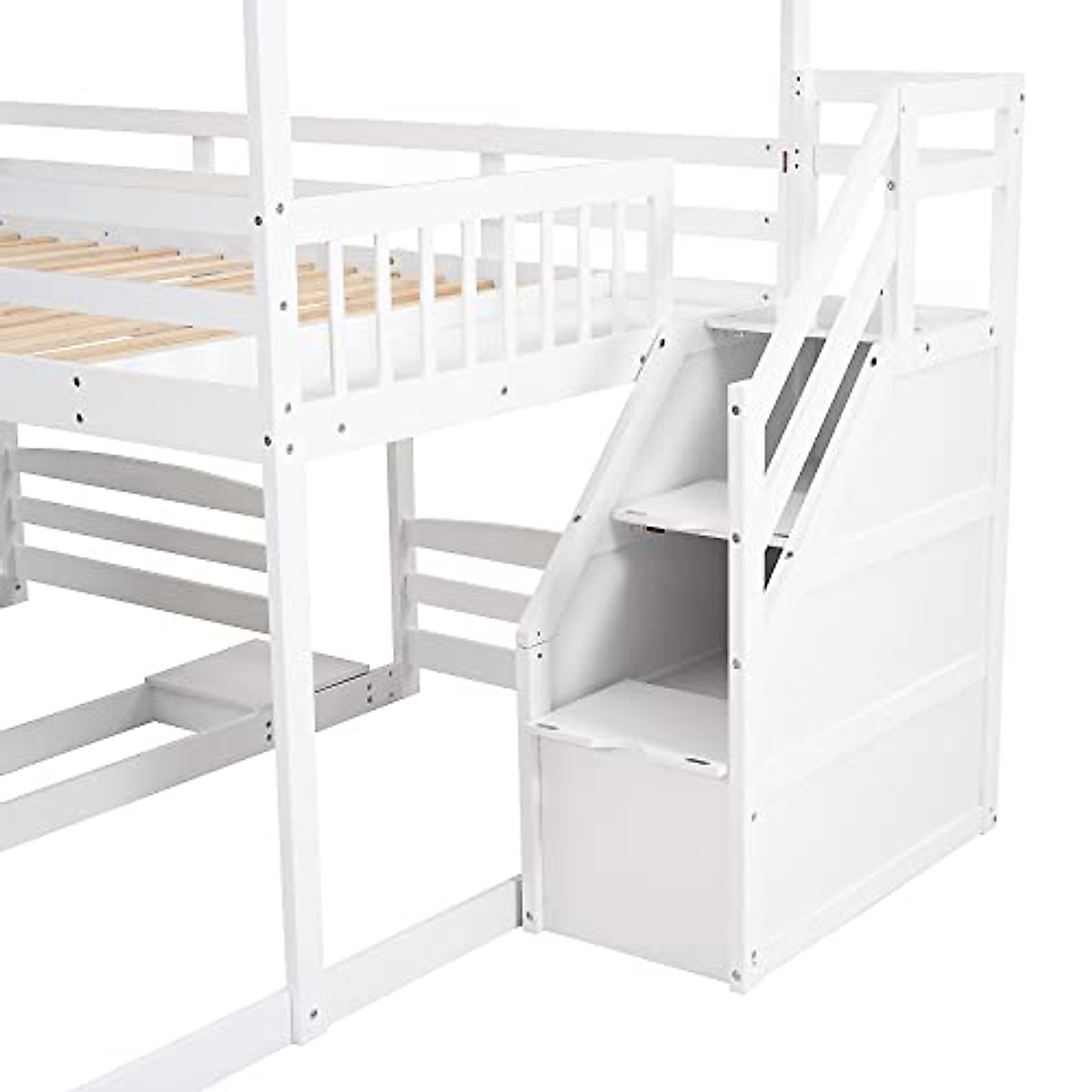OYN Full Over Twin & Twin Floor Triple House Bunk Bed with Slide, Storage Staircase, Built-in Drawer and Shelf for Children Teens Boys and Girls ,Modren Bedroom Bedframe Furniture, White