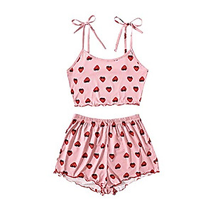 SweatyRocks Women's Summer Strawberry Print Cami Top and Shorts Sleepwear Pajamas Set Strawberry Pink M