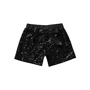 Aislor Girl's Boy's Athletic Dance Shorts Pull On Shiny Sequin Shorts Training Gymnastics Short Hot Pants with Bowknot Black 7-8 Years