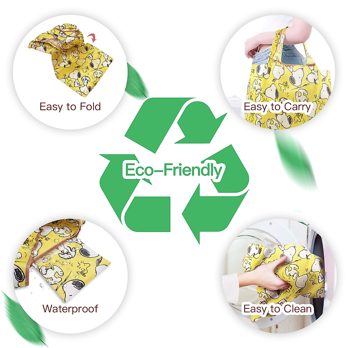 FINEX 3 Pcs Set Yellow Snoopy Waterproof Foldable Washable Reusable Grocery Bags