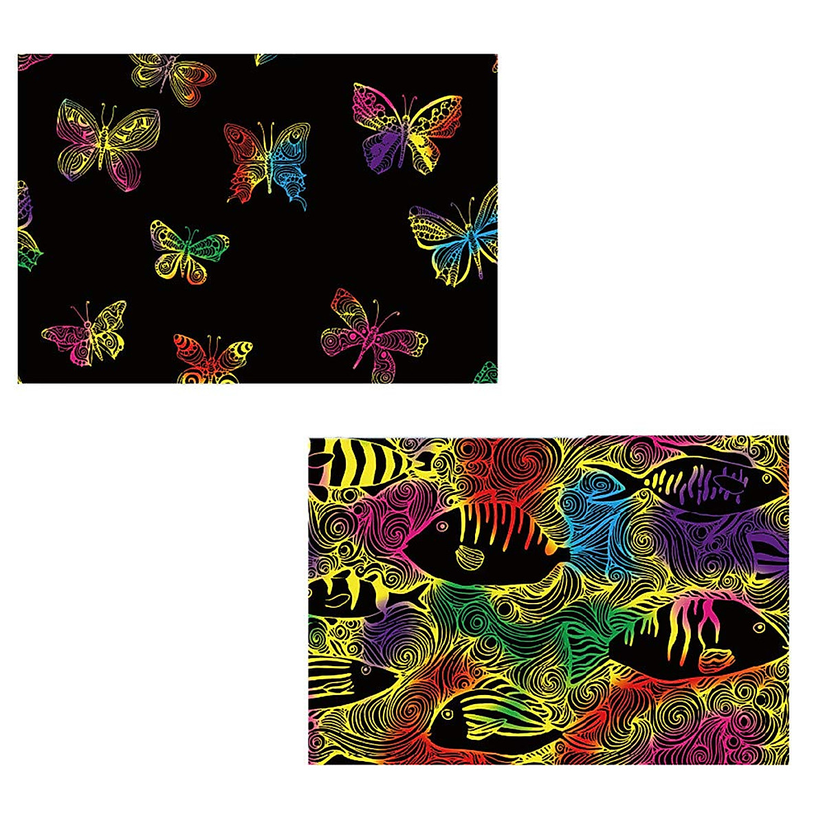 LUREME Scratch Art Set, 50Pcs Rainbow Magic Scratch Paper Set Black Scratch Off Art Crafts Notes Boards Sheet with 5 Wooden Stylus 4 Drawing Stencils for Easter Party (ME000009)