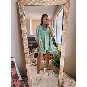 Ailoqing 2 Piece Outfits for Women Summer Oversized V Neck T Shirt Biker Short Sets Hot Shot Reversible Set(LightTeal-L)