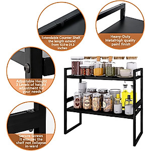 DOLALIKE Expandable kitchen Countertop Organizer, Stackable Cabinet Shelf Organizers, Space Saving Spice Rack Pantry Storage for Bathroom Office Organization (Black, 2 Pack)