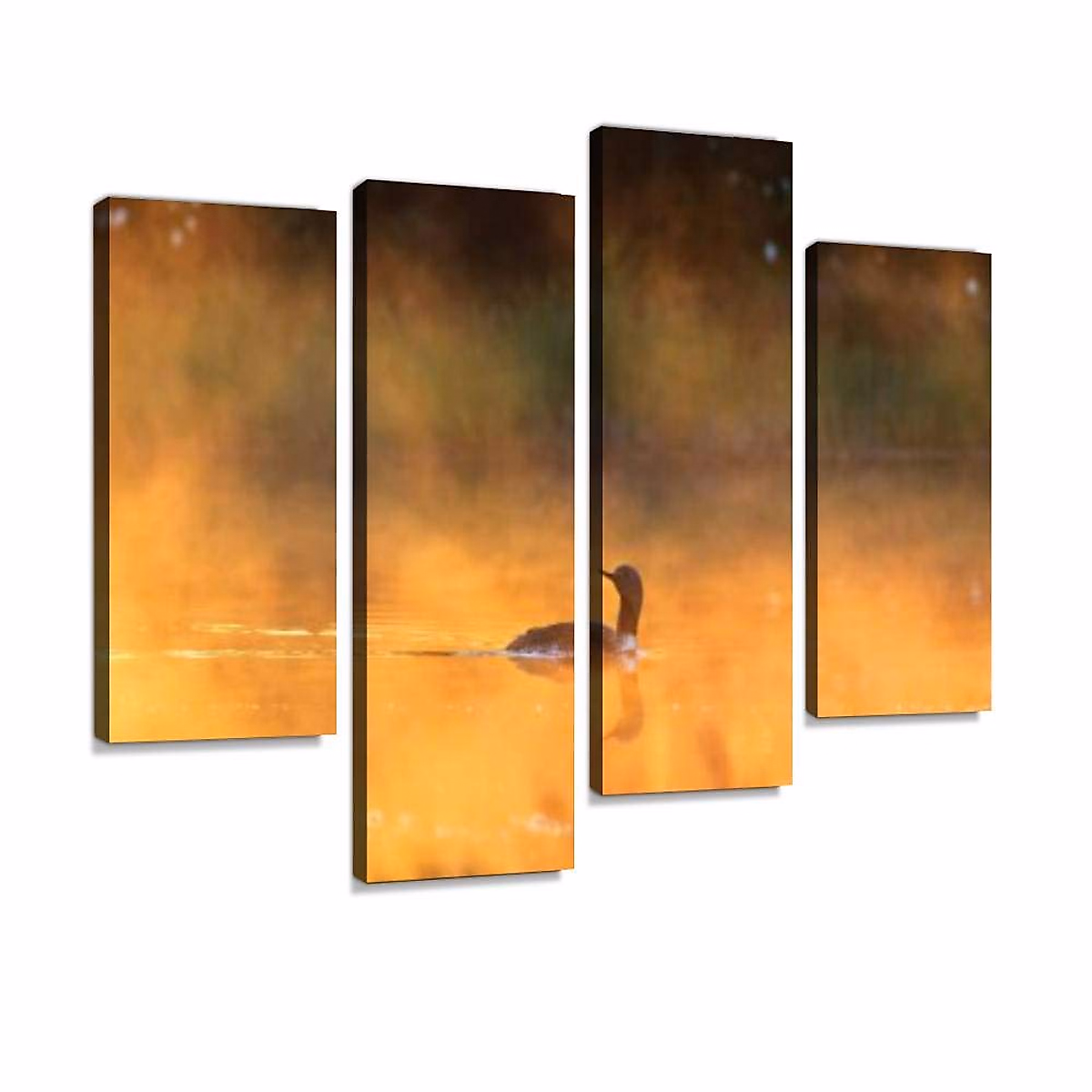 YKing1 red Throated Loon in Fog at Dawn Sunset Swims and Pictures Wall Art Painting Pictures Print On Canvas Stretched & Framed Artworks Modern Hanging Posters Home Decor 4PANEL