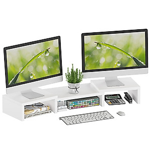 SUPERJARE Dual Monitor Stand Riser, Adjustable Length and Angle Multi Screen Stand, Desktop Stand Storage Organizer for Laptop Computer/TV/PC/Printer- White