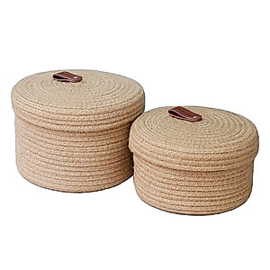 Aplolemo Jute Rope Basket with Lid,Decorative Woven Baskets with Lids,Leather Design Lidded Round Basket,Small Basket with lid,Storage Baskets with Lids-Set of 2（10"x6"/8.5"x5"）