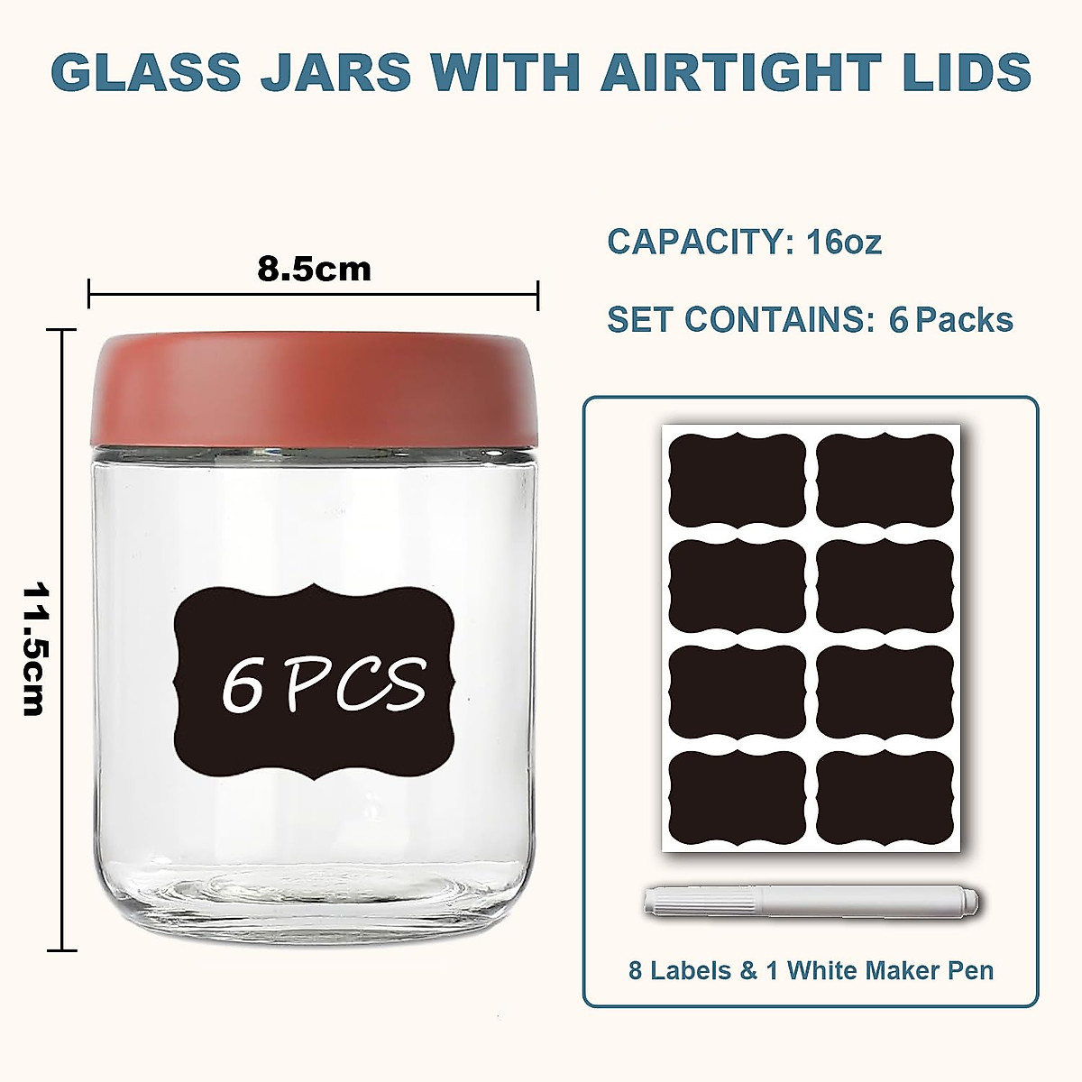 6 Pack 16oz Overnight Oats Containers with Lids Wide Mouth Mason Salad Jars Glass Food Storage Containers for Snacks Yogurt Spice Sugar Meal Prep with Stickers and Marker