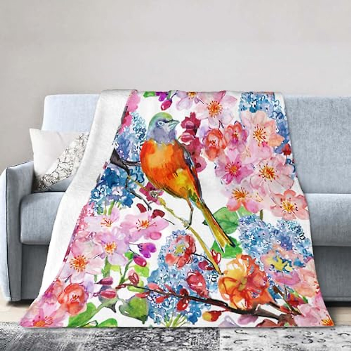 Throw Blanket 60x80 Inch,Bird Blossom Plum Vintage Flannel Soft Cozy Fluffy Throw Blankets and Warm Throws for Adults in Couch Sofa Bed 80x60 Inch