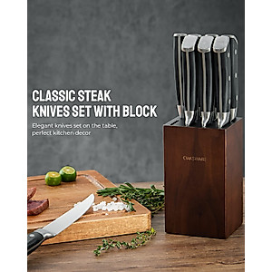 OAKSWARE Steak Knives Set of 8 with Walnut Block, 5 inch Non Serrated Steak Knife Set, 8 Pieces Straight Edge Kitchen Steak Knives - Forged German Steel - Full Tang Handle