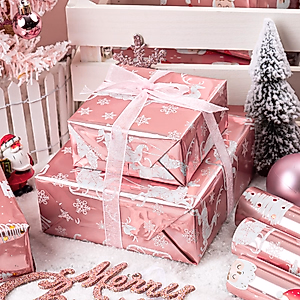 MAYPLUSS Pink Christmas Wrapping Paper - 17In x 120In Per Roll - Girly Festive Metallic Foil Trees, Cute Santa, Winter Sled Design Christmas Girls Pink Gift Wrap Paper for Winter Holiday, Birthday