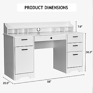 MaverickFurni White Executive Desk with Drawers, 58 Inch White Desk with Storage, Wood Computer Desk with 6 Drawers, Study Desk for Bedroom, Business Furniture Desk with File Cabinet