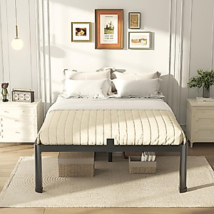 Firpeesy 18 Inch Full Size Bed Frame Metal with Sturdy Steel Round Corner Leg, 3500 lbs Heavy Duty Metal Full Platform Bed with Steel Slats Support，Black Full Bedframe，No Box Spring Needed