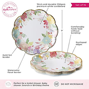 Kate Aspen Garden Blooms 9 in. Premium Decorative Paper Plates | Party Supplies (350 GSM weight -Set of 16) - Perfect for Weddings, Bridal Brunches, Bridal/ Baby Showers