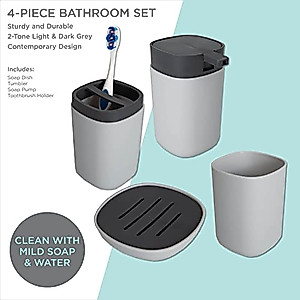 Bath Bliss Contemporary 4 Piece Set | Tumbler | Toothbrush Holder | Soap Dish | Soap Pump | Two Tone | Contemporary Design | Bathroom Accessories | Rust Proof | Grey