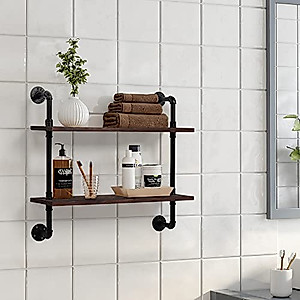JAXPETY Industrial Floating Shelf 2-Tier Wall Mounted Pipe Shelves Rustic Wood Shelf Metal Bracket Storage Space Display Bookshelf for Bedroom, Living Room, Office