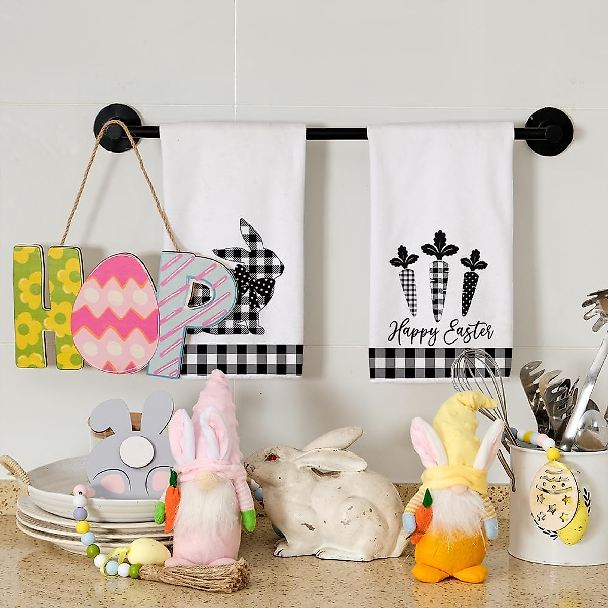 ARKENY Easter Kitchen Towels for Easter Decor Black Buffalo Plaid Check Bunny Dish Towels 18x26 Inch Bar Drying Cloth Carrot Hand Towel for Kitchen Bathroom Party Easter Decorations Set of 2