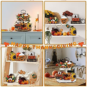 Uruney Thanksgiving Tiered Tray Decor, Farmhouse Turkey Fall Tray Decorations, Gnome Pumpkin Spice Sunflower Wooden Signs Wood Bead Garland, Rustic Autumn Fall Decorations for Home Table Shelf