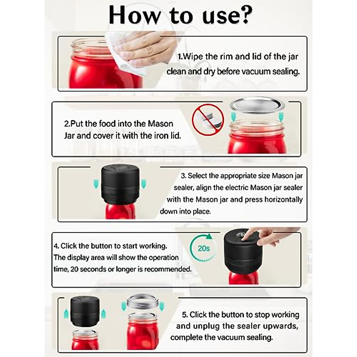 Electric Mason Jar Vacuum Sealer Kit, Cordless Vacuum Sealer Fits Wide Mouth and Regular Mouth Mason Jar for Food Vacuum Storage and Fermentation, Black