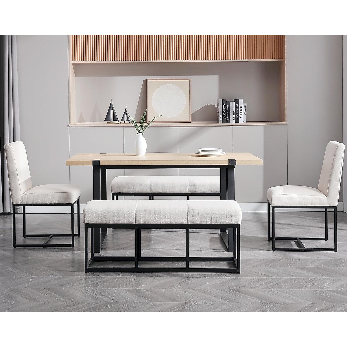 HNY Mid Century Modern Upholstered Kitchen Dining Bench Metal Entryway Bench Seat, 45 Inch Linen Tufted Bench Ottoman Indoor Window Bench for Bedroom End of Bed/Living Room/Mudroom/Narrow/, Cream