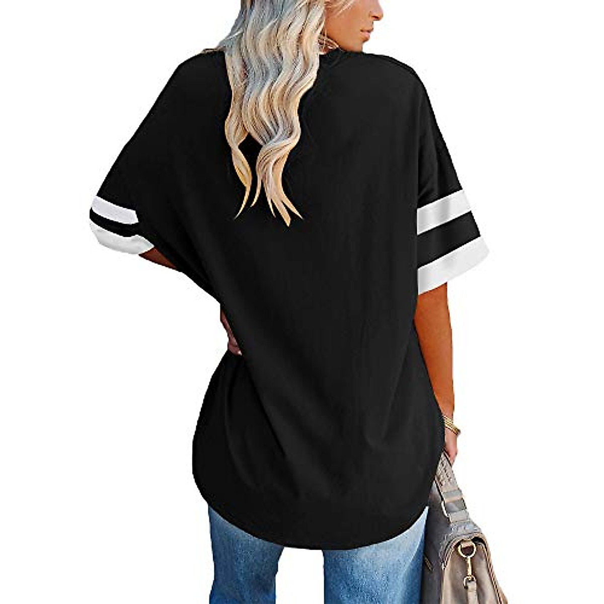 Fisoew Womens Oversized Tees Loose T Shirts Half Sleeve Crew Neck Color Block Cotton Tunic Tops Black