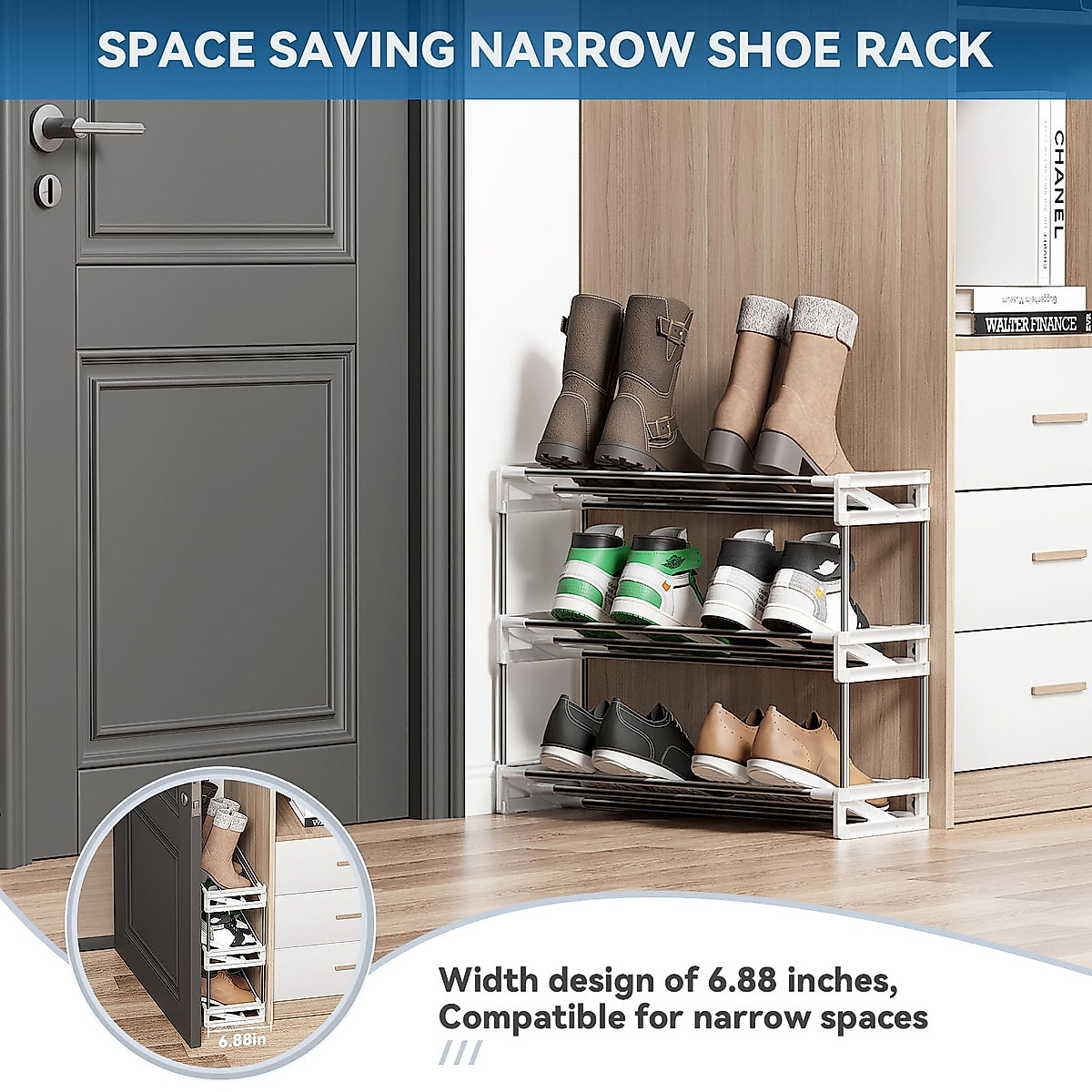 DEYILIAN Shoe Rack for Entryway, 3 Tier Shoe Rack for Closet Floor Shoe Storage, Narrow Shoe Rack with Slanted Shelves, Shoe Rack Organizer for Small Spaces Shoe Stand 20.27 x 6.88 x 24.4 in White