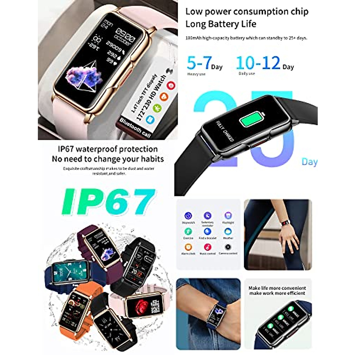 FORSINING Smart Watch Heart Rate Blood Oxygen Monitor 1.47" for Women Men Speed Measurement Sleep Tracker IP67 Waterproof for Android iOS Phones, Black Black