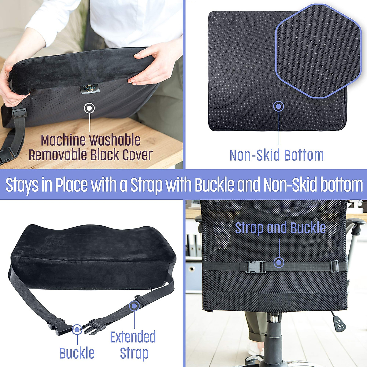 Aeris Memory Foam Seat Cushion for Office Chairs - Car Seat Cushion for Sciatica Pain - Carry Handle - Washable Cover-For Sitting Long Hours & Driving-Perfect for Truck Seats,Wheelchairs,Tailbone Pain