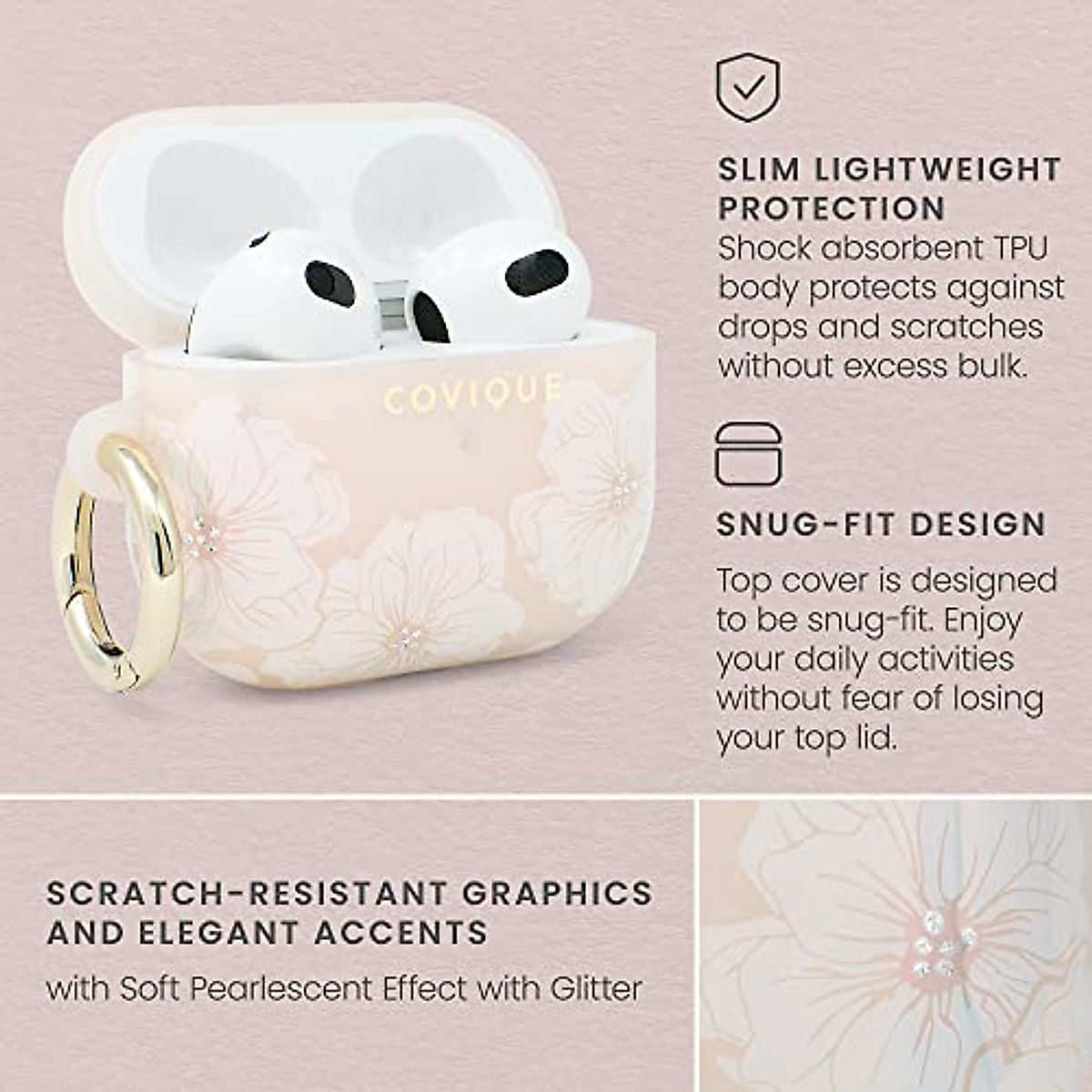 Covique Compatible AirPods 3 Case Cover 2021 | Cute Women Girly Flower, White Poppy Floral Iridescent & Glitter | Protective Shockproof TPU with Keychain Hook for AirPods 3rd Generation Charging Case