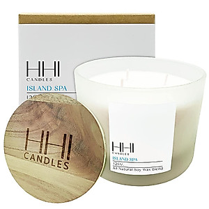 All-Natural Scented Soy Candle | Island Spa | A Fresh Blend of Eucalyptus and Citrus | Large 12 Ounce Three Wick Candle | Long burn time | includes Bamboo Lid and Gift Box | HHI Candles