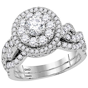 FB Jewels 14K White Gold Womens Round Diamond Halo Bridal Wedding Engagement Ring Band Set 2.00 Cttw Size 7